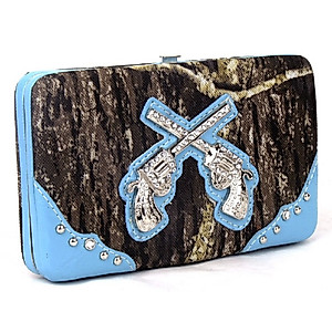 Western Handbag Camouflage Gun Pistol Pocket Camo Rhinestone Purse With Matching Wallet (BLUE)