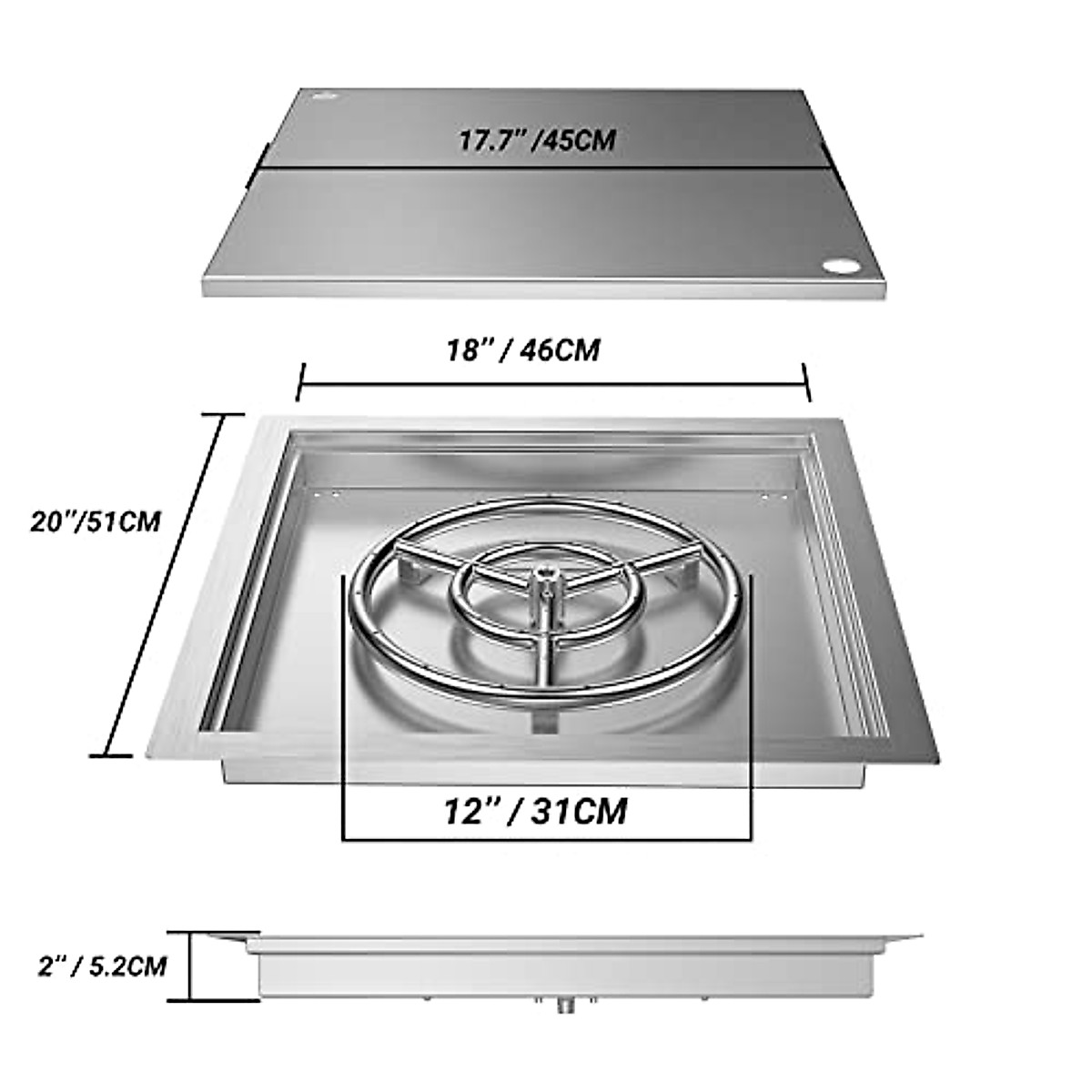Skyflame 18 inch Square Stainless Steel Drop in Fire Pit Burner Pan with Burner Ring and Protective Cover