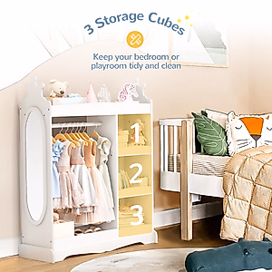 Curipeer Kids Dress up Storage with Mirror, Kids Wardrobe with 3 Hooks, Kids Closet for Girls Boys, Kids Armoire Costume Organizer for Bedroom, White