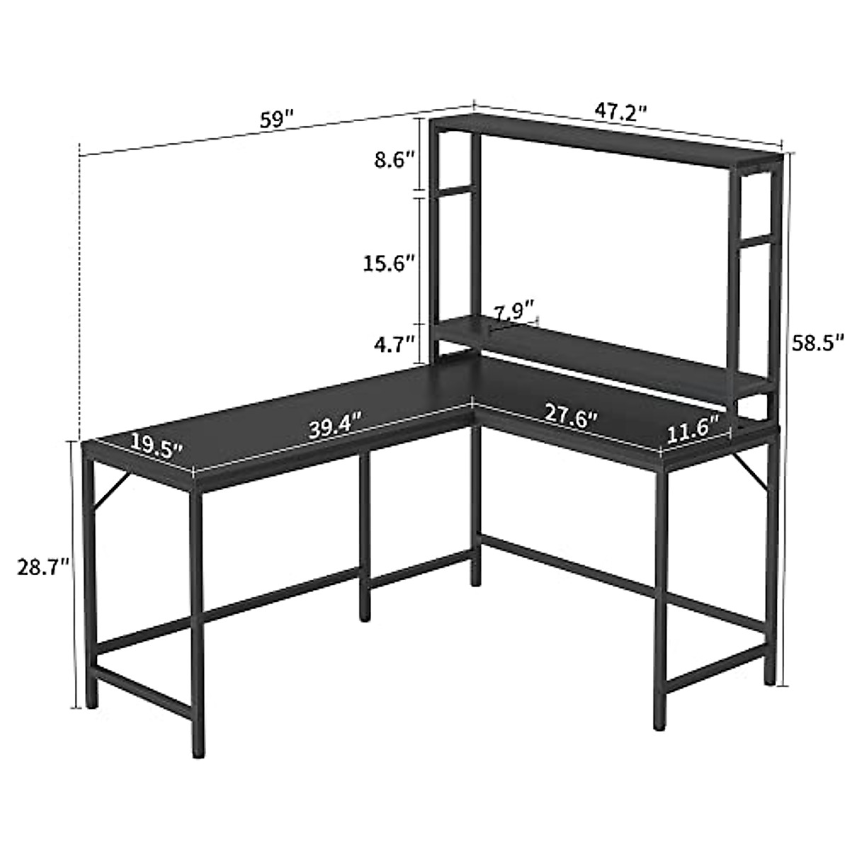 CubiCubi L Shaped Desk with Hutch, 59.1" Corner Computer Desk, Home Office Study Writing Desk Computer Workstation with Two Tier Bookshelf, Black
