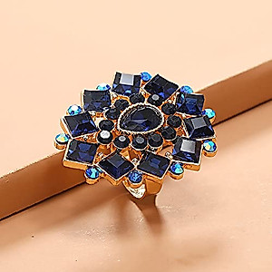 Exaggerated Blue CZ Statement Ring for Women Fashion Round Princess Cut Teardrop Cubic Zirconia Cluster Expandable Adjustable Big Band Rings Comfort Fit Delicate Christmas Jewelry Golden Tone