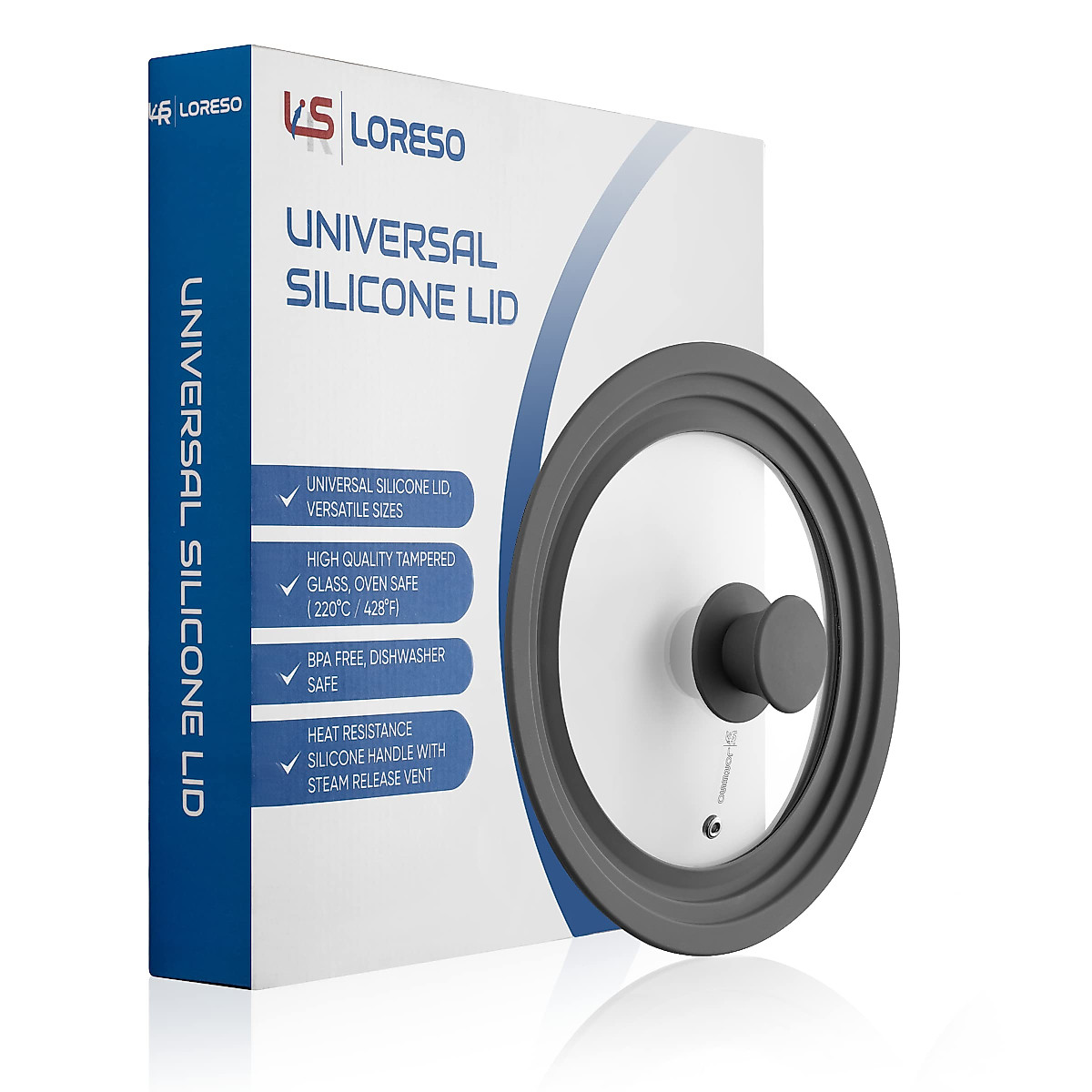 Loreso Silicone Glass Lid Grey - Universal Silicone Glass Lid for Pots Pans & Skillet 7, 7.5, 8, 8.5, 9 & 9.5" Inches, Tempered Glass Lid with Steam Vents & Cool-Touch Handle (Small - Grey)