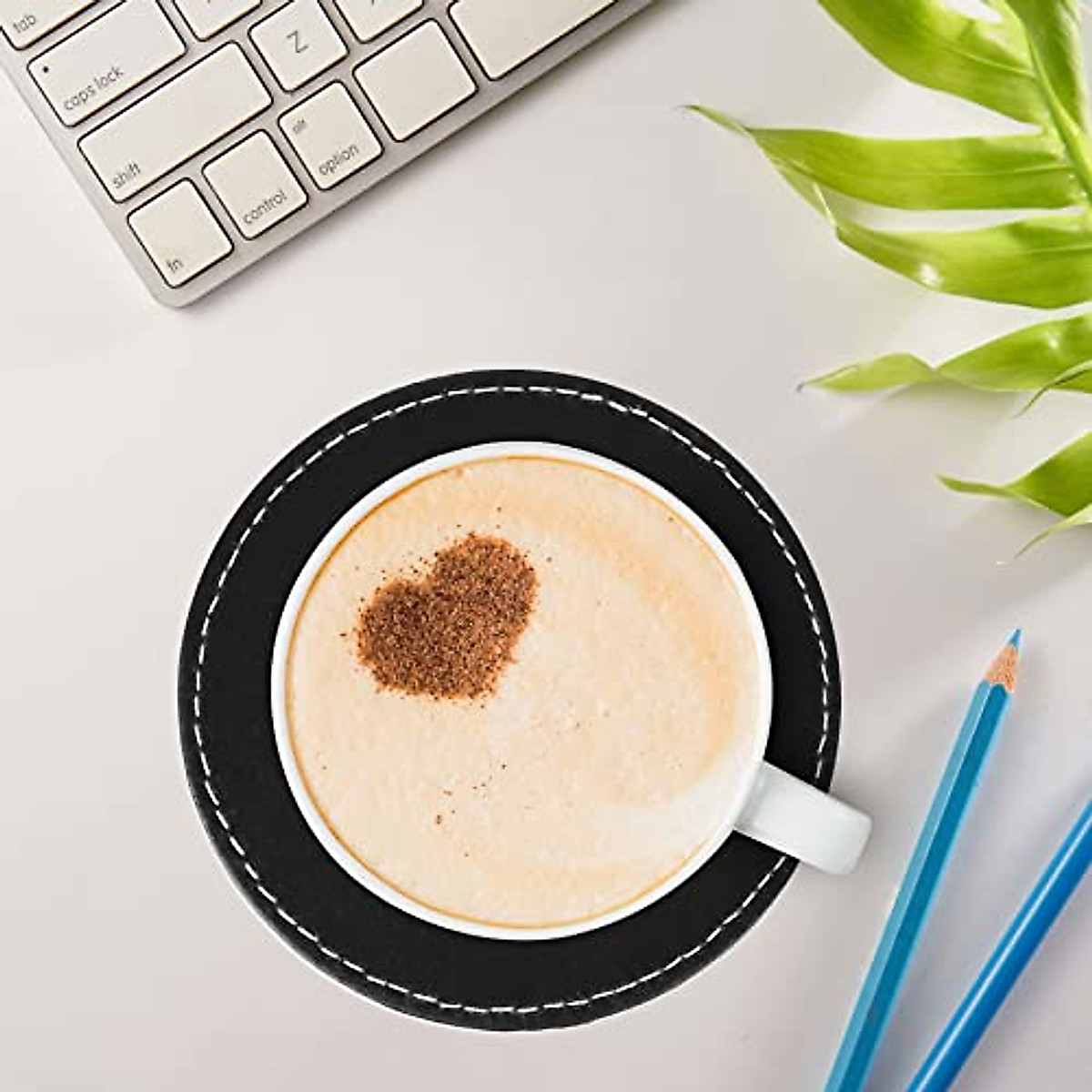 CARLWAY Set of 6 Leather Drink Coasters Round Cup Mat Pad for Home and Kitchen Use Black, 3.94"