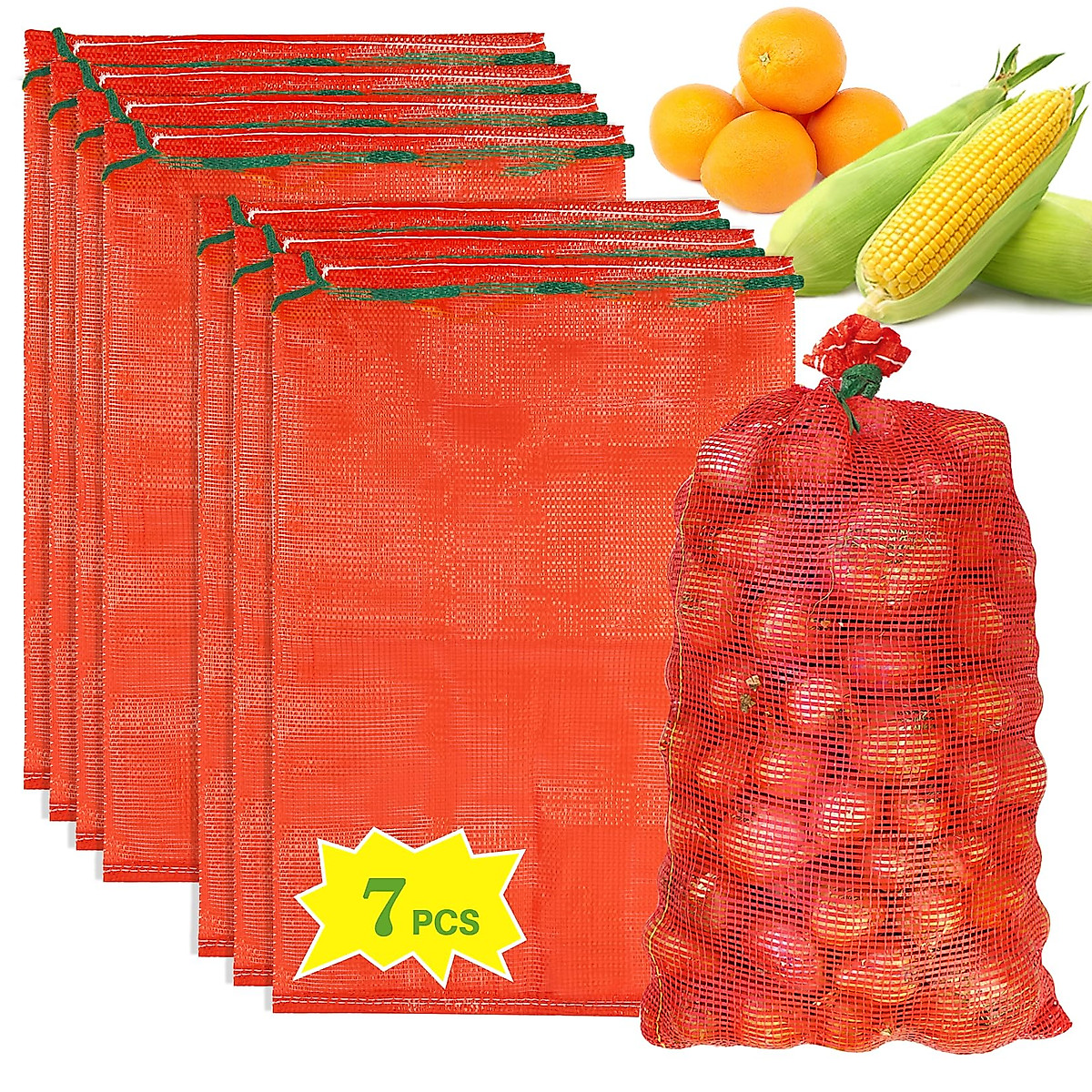 Sukh 7 Pcs Large Mesh Produce Bags - 60lbs Mesh Vegetable Bags Reusable Washable Mesh Storage Bag Breathable Produce Bags Onion Storage With Drawstring for Potato Onion Citrus Fruits 20"X32" Red