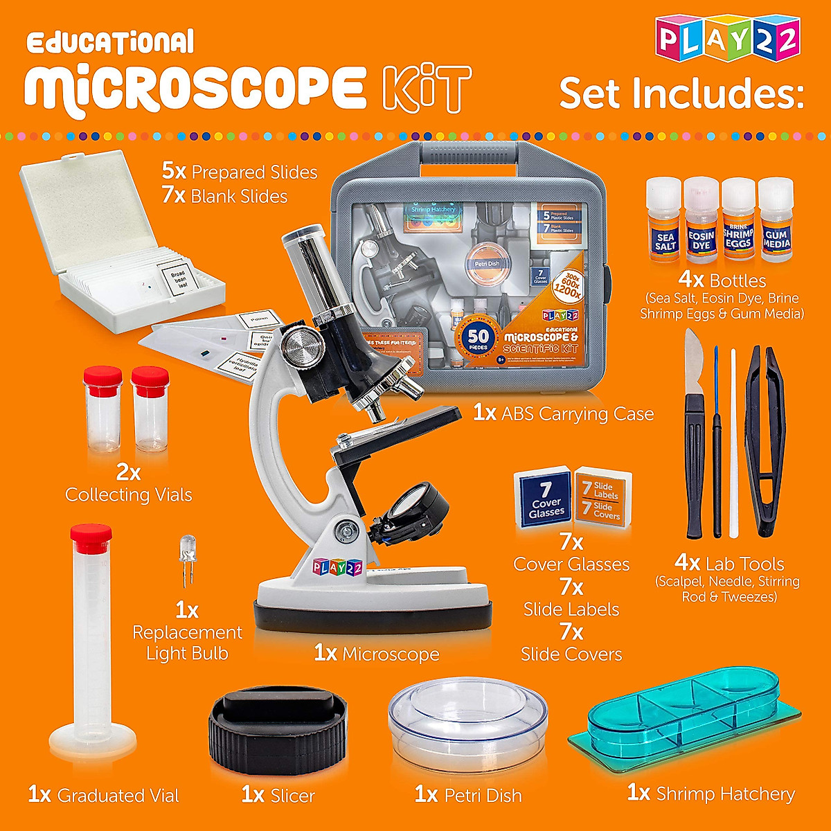 Play22 Kids Microscope Kit 50 PCS - Science Kit for Kids 120X-1200X Microscope Slides, Metal Body Microscope, Carrying Box, Science Experiments Lab Toy Gifts