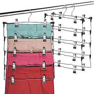 ZOBER Space Saving 5 Tier Metal Skirt Hanger with Clips (3pk) Hang 5-on-1, Gain 70% More Space,Rubber Coated Hanger Clips,360 Swivel Hook,Adjustable Clips Pants Hanger,Hang Slack,Trouser,Jeans,Towels
