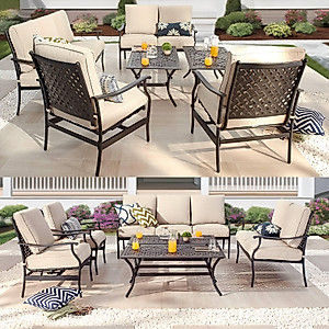 PatioFestival Patio Conversation Set 6 Pieces Metal Outdoor Furniture Seating Sets with Beige Thick Cushions, Rocking Chairs & Coffee Table & Loveseat