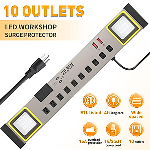 ZESEN 10-Outlet Power Strip with LED Worklight Surge Protector 4ft Cord with Dual Smart USB, Workshop/Garage/Office/Home, ETL Listed