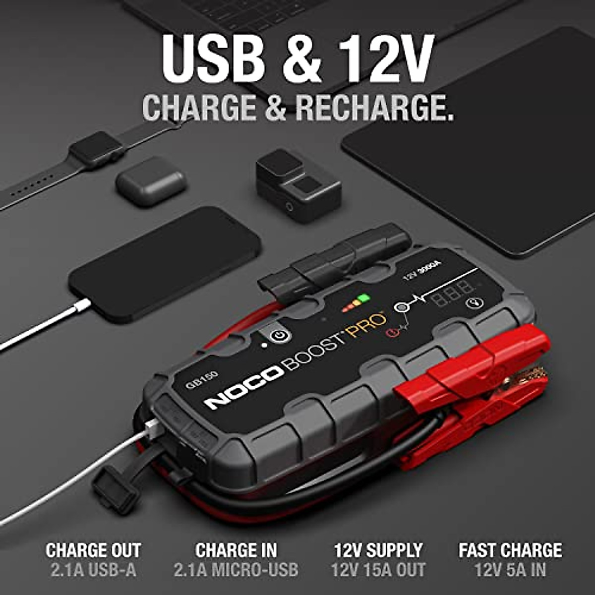 NOCO Boost Pro GB150 3000 Amp 12-Volt UltraSafe Lithium Jump Starter Box, Car Battery Booster Pack, Portable Power Bank Charger, and Jumper Cables for up to 9-Liter Gasoline and 7-Liter Diesel Engines