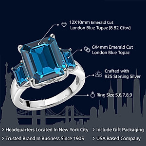 Gem Stone King 8.82 Cttw London Blue Topaz 3-Stone Ring For Women In 925 Sterling Silver | Gemstone Birthstone | Emerald Cut 12X10MM and 6X4MM | Available In Size 5, 6, 7, 8, 9