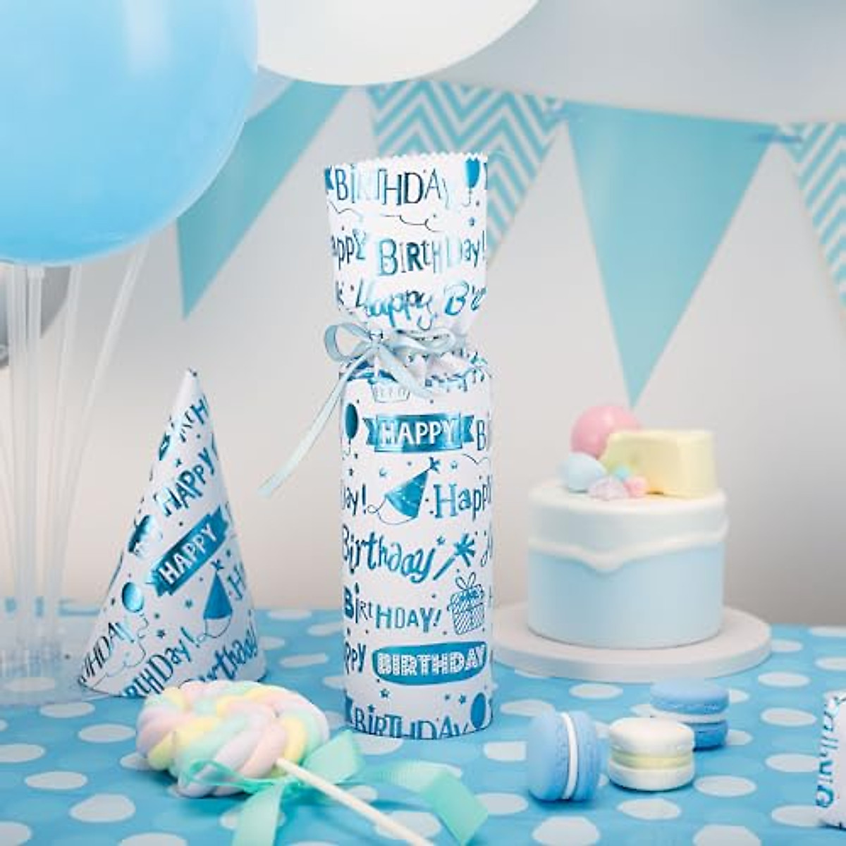 Homeral Jumbo Wrapping Paper Roll-37.66sqft(27.6 x 197inch) Blue Foil Birthday Design