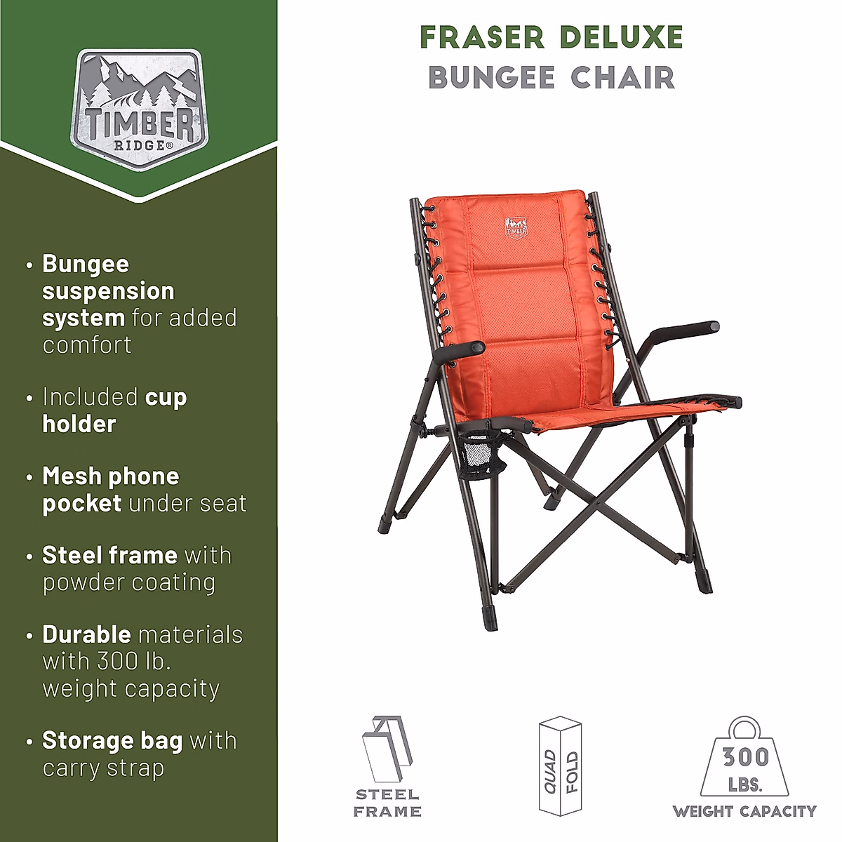 TIMBER RIDGE Bungee Folding Camping Chairs for Adults, Heavy Duty Collapsible Padded Chair with Armrests Cup Holder, Foldable Outdoor Lounge Chairs for Beach, Fishing, Lawn, Supports 300 lbs, Red