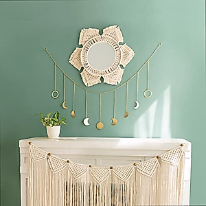 Mkono Hanging Wall Mirror with Macrame Fringe Round Boho Mirror Art Decor for Apartment Living Room Bedroom Baby Nursery Dorm Entryways, Ivory