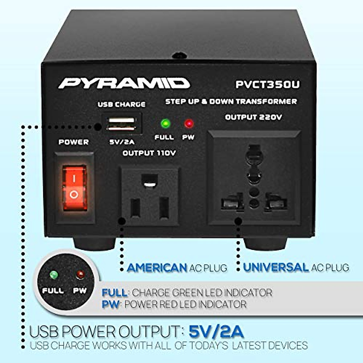 Pyramid Step Up and Down Converter -350 Watt Voltage Converter Transformer w/ USB Charging Port, UK Power Adapter, AC 110 / 120 to 220 / 240 Volt Vice Versa, 110V/120V/220V/240V Input Voltage PVCT350U