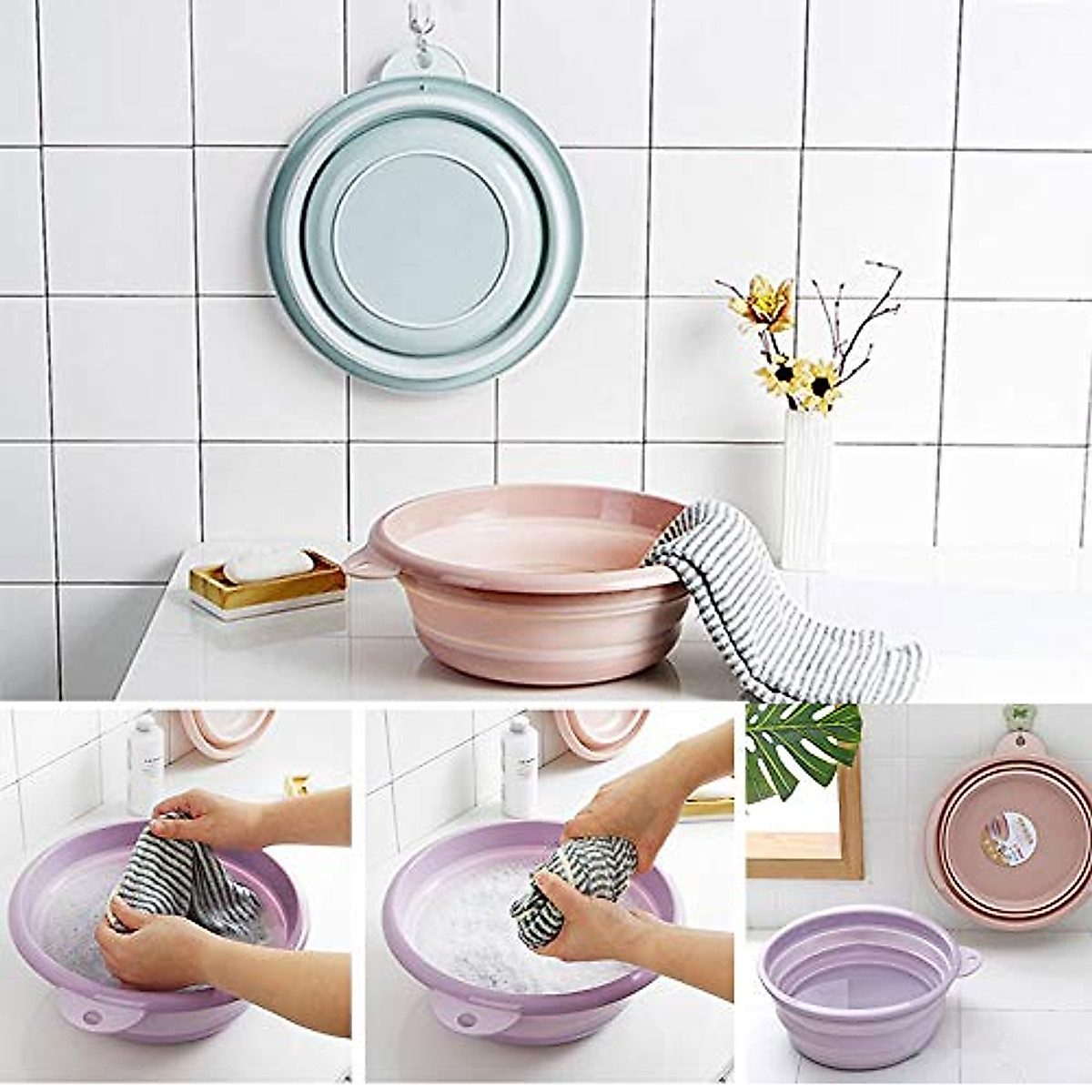 Collapsible Portable Wash Basin Dishpan Bucket Portable Dish Tub Folding Washbasin Light Blue