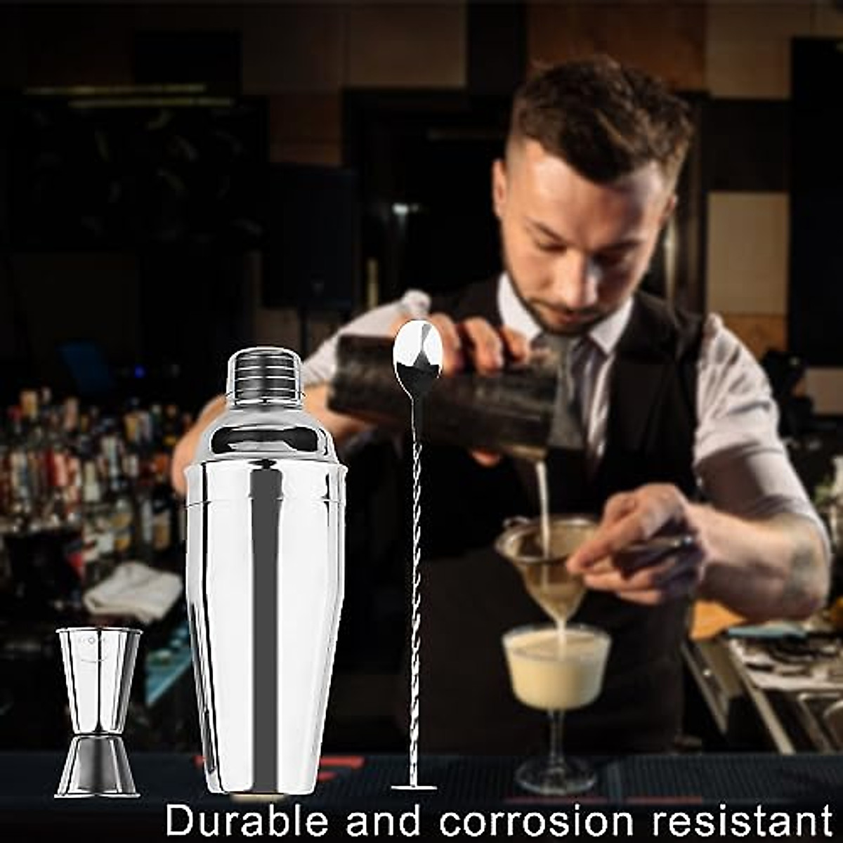 Arora 24OZ Cocktail Shaker Mixer Set, 3Pcs Bar Acccessories Including Martini Shaker, Long Handle Mixing Stirring Spoon, Cocktail Jigger for Bartending, Ideal Mixology Bartender Kit Home Bar Gift