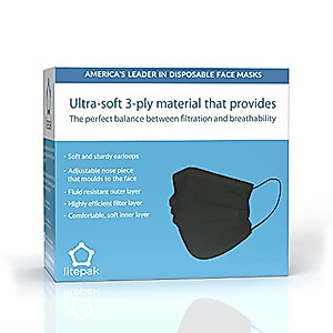125-Pack Litepak Disposable Face Mask Premium Comfort Earloops with Dispenser Box (Black)