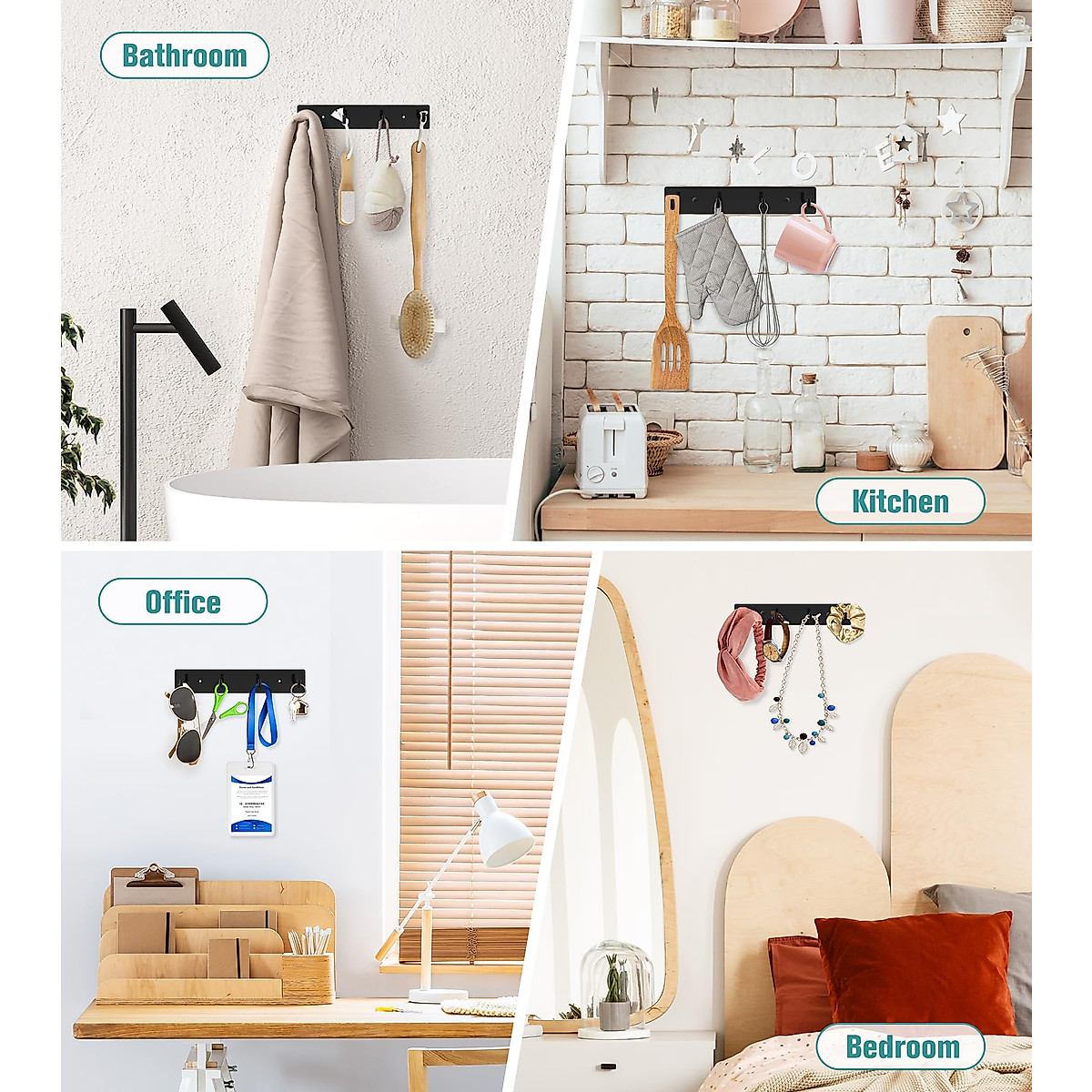 RELBRO Key Holder Wall Mount, Black Metal Key Hanger Self Adhesive Key Rail with 4 Key Hooks Key Rack Organizer 2 Options Installation for Entryway Hallway Kitchen RV Camper