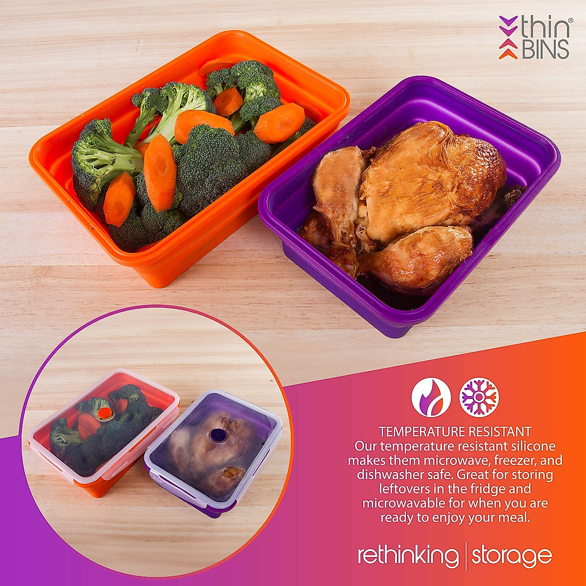 Kitchen + Home Thin Bins Collapsible Containers – Set of 2 Extra Large Rectangle Silicone Food Storage Containers – BPA Free, Microwave, Dishwasher and Freezer Safe