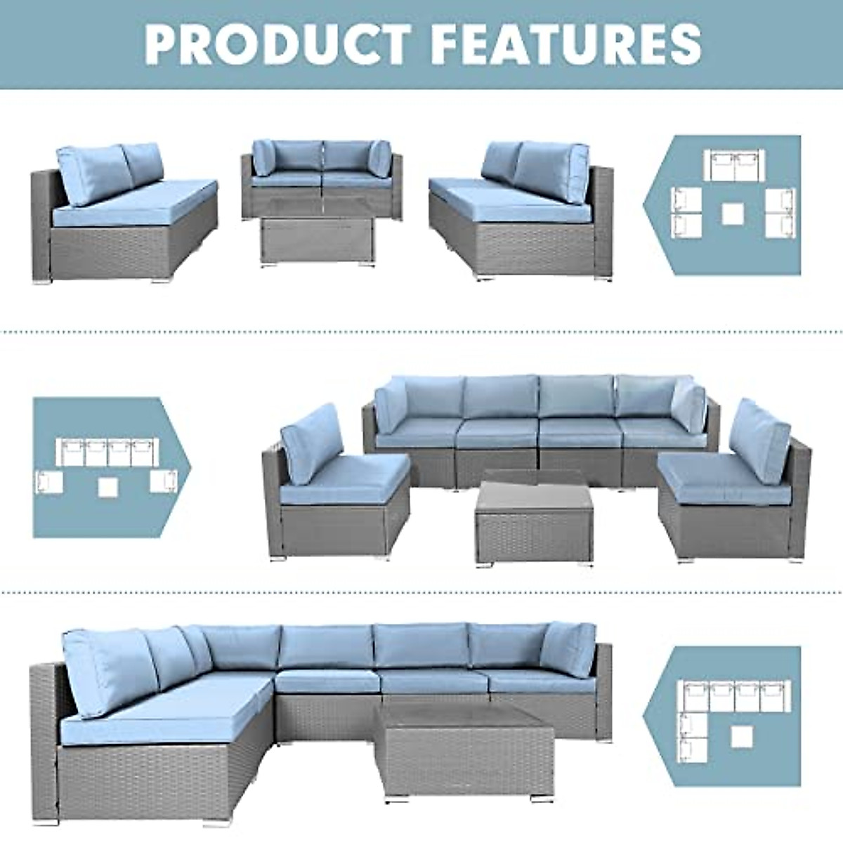 SOLAURA 7-Piece Outdoor Patio Furniture Set, Gray Wicker Conversation Furniture Modular Sectional Sofa Set with YKK Zipper &Coffee Table - Sky Blue