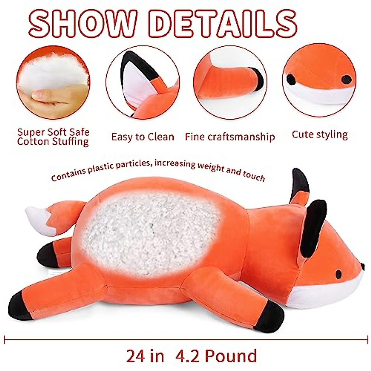 WeBingo Weighted Stuffed Animals, 24" Weighted Fox Plush Toy 4.2 Lb Soft Pillow Cute Giant Plushie Gifts for Kids & Adults(Fox)
