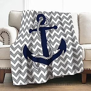 Levens Nautical Anchor Blanket Gifts for Boys Men, Gray and White Chevron Decoration for Home Bedroom Living Room Couch Lounge, Soft Fluffy Lightweight Plush Throw Blankets 50"x60"