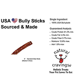 Natural Cravings: Standard Steer Bully Stick - 3 Pack - 6" Dog Chew Treat, Sm-Md Dogs Light Chewers, Single Ingredient Roasted Beef Pizzle, USA Made