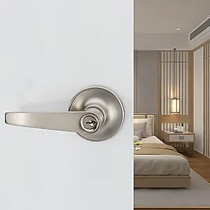 1 Pack of MANREN Lever Keyed Entry Door Lever Handle Lock, Universal Door Knob Hardware,Nickel Brushed Color (MR802ET)