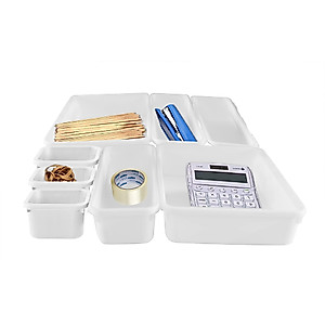 HOME-X Connecting Organizer Trays, Set of Interlocking Adjustable Trays for Organizing Office Supplies and Kitchen Utensil Drawers, Set of 8, 3 Sizes, White