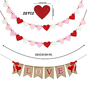Valentines Day Decor, Love Burlap Banner Valentines Decorations 28 Pcs Felt Heart Garland Banner Hanging Heart Garland Rustic Valentine Décor for Home Mantle Fireplace Wall
