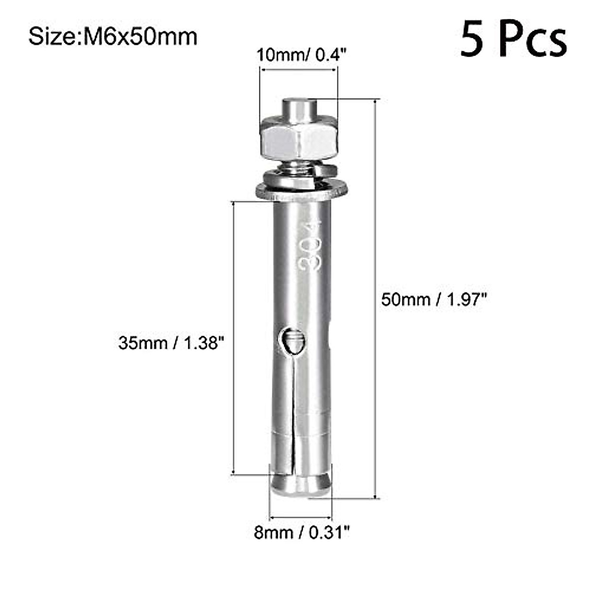 5 Pcs M6 x 50mm 304 Stainless Steel Expansion Bolt External Hex Expansion Screw Bolt Sleeve Anchor，Pool Safety Cover Expansion Bolts，for Concrete