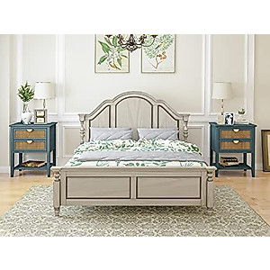 FRANSOUL Natural Rattan Nightstand Include 2 Drawes with Double-Section Track,End Side Table with Solid Wood Appearance,Suitable for Bedroom, Living Room, Study,Retro Green