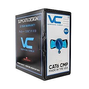 Vertical Cable CAT6, 550 MHz, UTP, 23AWG, 8C Solid Bare Copper, Plenum, 1000ft, Bulk Ethernet Cable - Made in USA, Blue