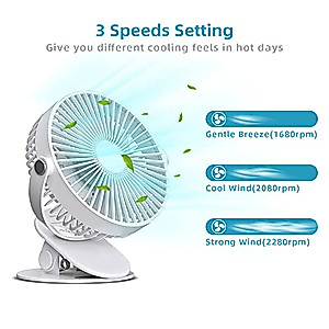 TOAOB Portable Clip Fan with Sturdy Clamp, Quiet Personal Desk Fan, 3 Speeds, Rechargeable Battery Operated Fan for Outdoor Indoor - White