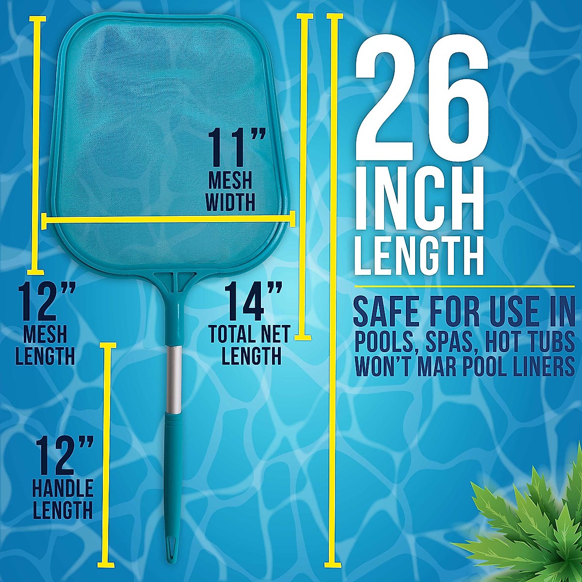 U.S. Pool Supply Professional Spa, Hot Tub, Pool Hand Leaf Skimmer Net, 26" Long with 12" Aluminum Pole - Fine Mesh Netting, Cleanout Leaves, Debris
