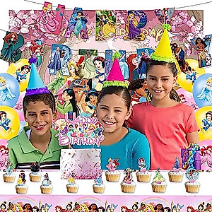 Princess Birthday Party Decorations,Include Banner,Backdrop, Latex Balloons, Cupcake, Cake Topper, Tablecloth for Princess Themed Birthday Party Supplies.