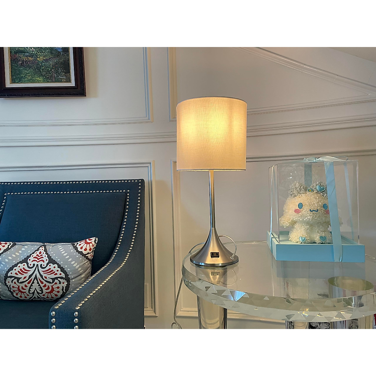 Tower Table Lamp with 120V 60W Outlet, Side Table Lamp for Living Room Guest Room, and Lighting Fixture Dining Room- Silver- E26-19 H