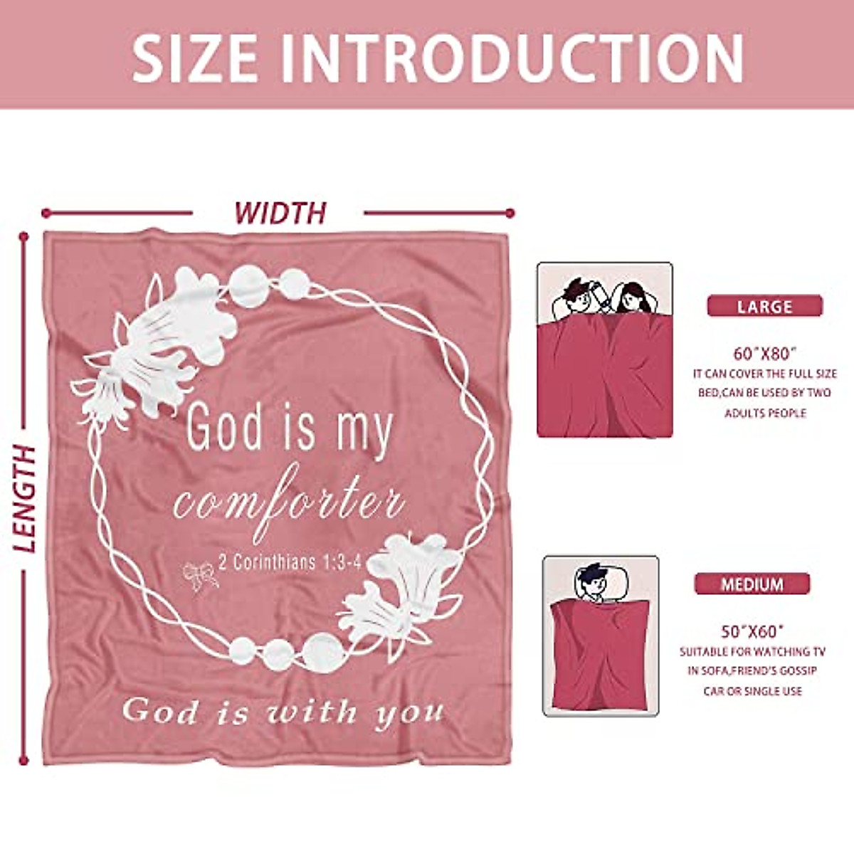 Nosovlra God is My Comforter Blanket - Scripture Blanket with Healing Caring Inspirational Faith Prayer Religious Gifts for Women Christian Bible Verse Throw Blanket (God Pink, 50 X 60 Inches)
