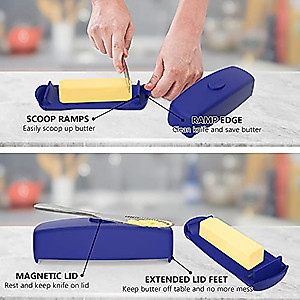 Butter Dish with Magnetic Lid, Light Butter keeper for Counter with Spreader Knife & TBSP markings, Easy Scoop, Food Safe, Perfect for East West Coast Butter (8inch-knife-1, Royal Blue)