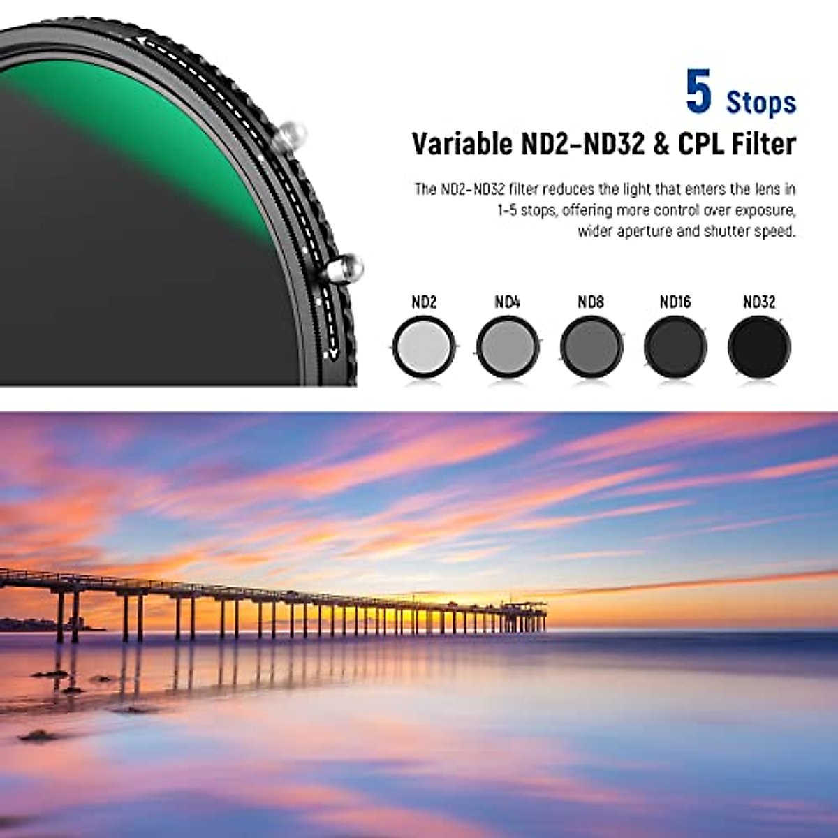 NEEWER 2 in 1 77mm Variable ND Filter ND2–ND32&CPL Filter(Circular Polarizer Filter) No X Cross/30 Layer Nano Coated/HD Optical Glass/Ultra Slim Aluminum Alloy Frame/Water Repellent/Scratch Resistant