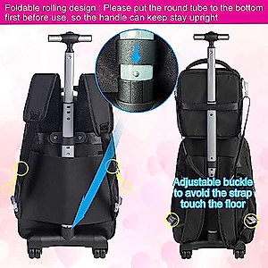 CCJPX Rolling Backpack for Girls Women, 21 inch Roller Wheels School Bookbag, Wheeled Suitcase Backpacks with Lunch Bag for Teen - Black