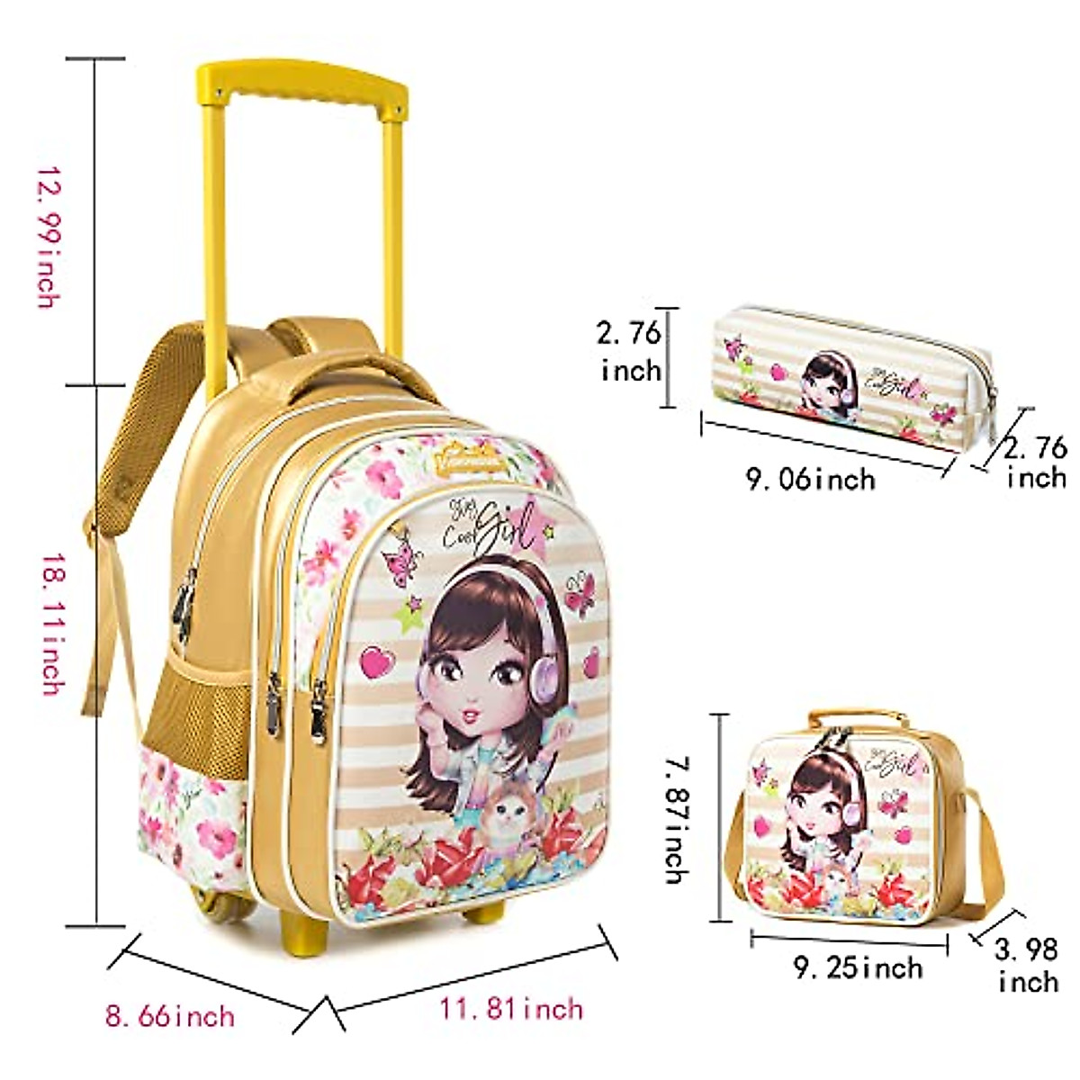 MOHCO Rolling Backpack Cute 16 inch Set 3 in 1 with Lunch Bag and Pencil Case for Girls (Yellow)