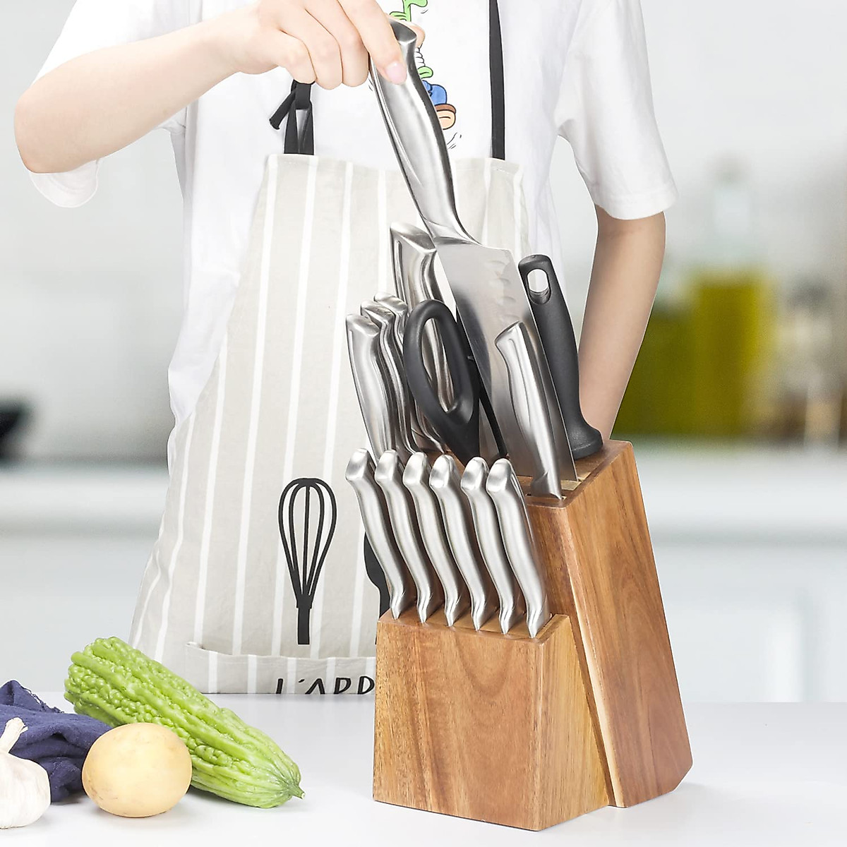 GOOD HELPER 15 Piece Kitchen Knife Sets with Wooden Block High Carbon Stainless Steel Knife Set Sharp Chef Knife Set Shears Steak Knives Utensils Dishwasher Safe Utility Knife