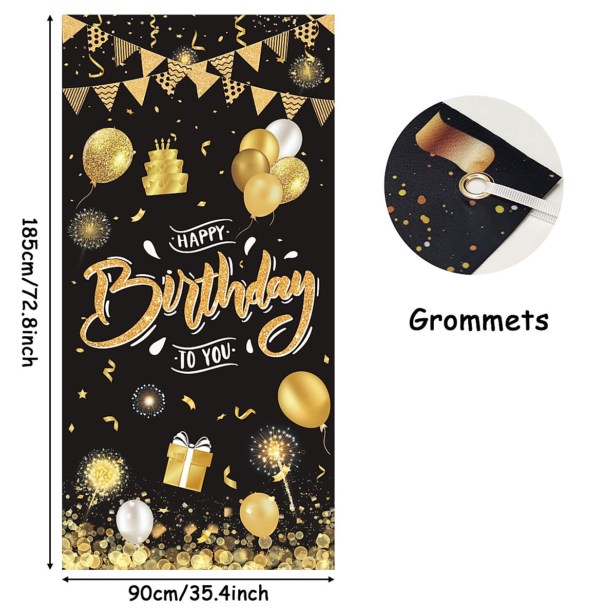 Black Gold Happy Birthday Door Banner,Birthday Door Cover Decoration Supplies Happy Birthday Backdrop Photography Background Sign for Women and Girls Birthday Party Home Outdoor Decor
