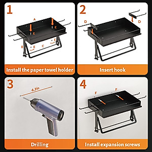 Lorbro Paper Towel Holder with Shelf, Paper Towel Holder Wall Mount One Hand Tear, Garage Organization and Storage with 4 Detachable Hooks, Holds 50 lbs, for Quick Clean Station, Shop, Workbench