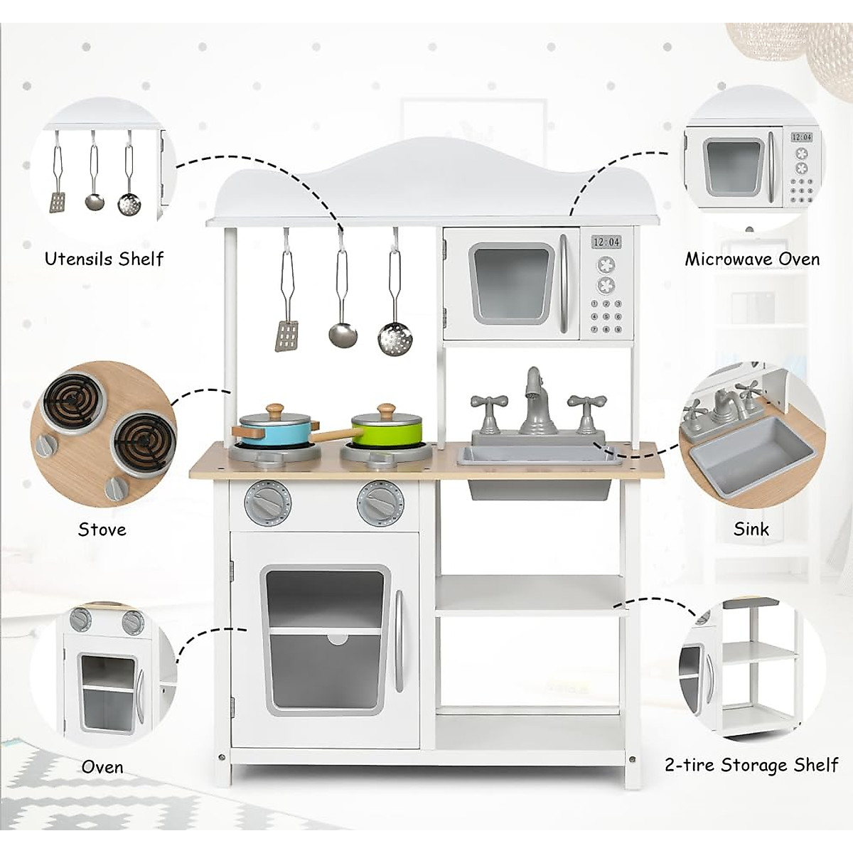 Costzon Kids Kitchen Playset, Wooden Play Kitchen w/Sink, Oven, Microwave, Stove, Pots, Utensils, Pretend Play Cooking Set w/Shelf, Cabinets, Great Gift for Toddlers Boys Girls