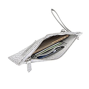LAM GALLERY Silver Wristlet Purse for Party Prom Shiny Crocodile Evening Clutch Handbag