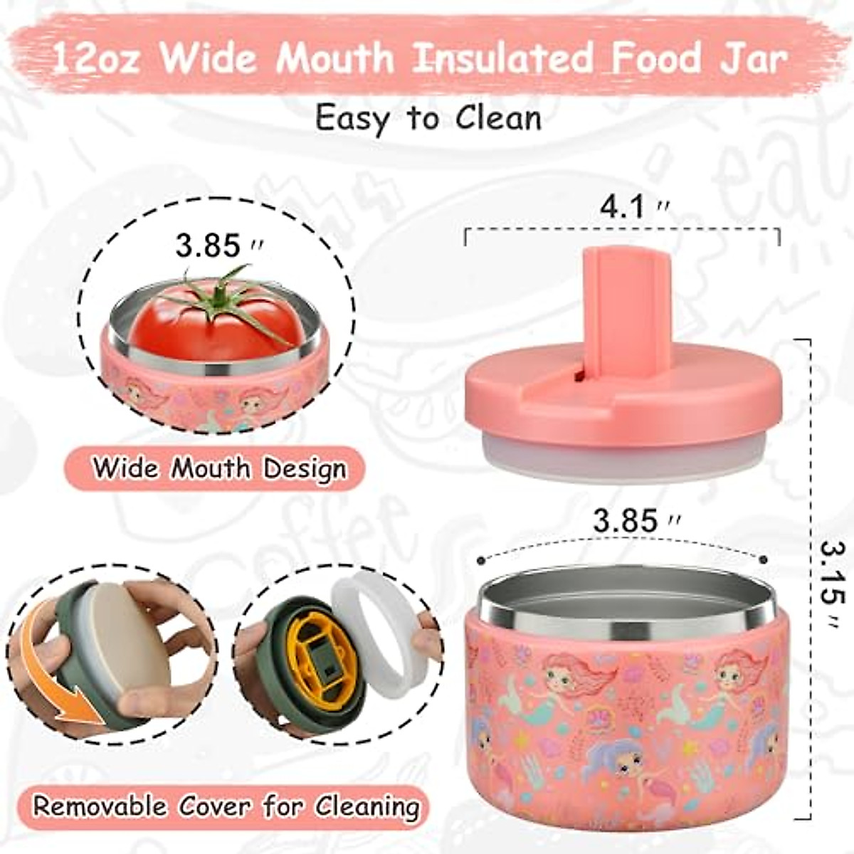 Pawtong 12oz Insulated Vacuum Food Jar with Buckle Lid Wide Mouth Soup Thermo for Hot Food Kids Leakproof Stainless Steel Lunch Container (Pink-Mermaid)
