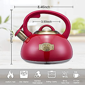 Whistling Tea Kettle Stainless Steel Teapot, Teakettle for Stovetop Induction Stove Top, Fast Boiling Heat Water Tea Pot 2.5 Quart(Red)