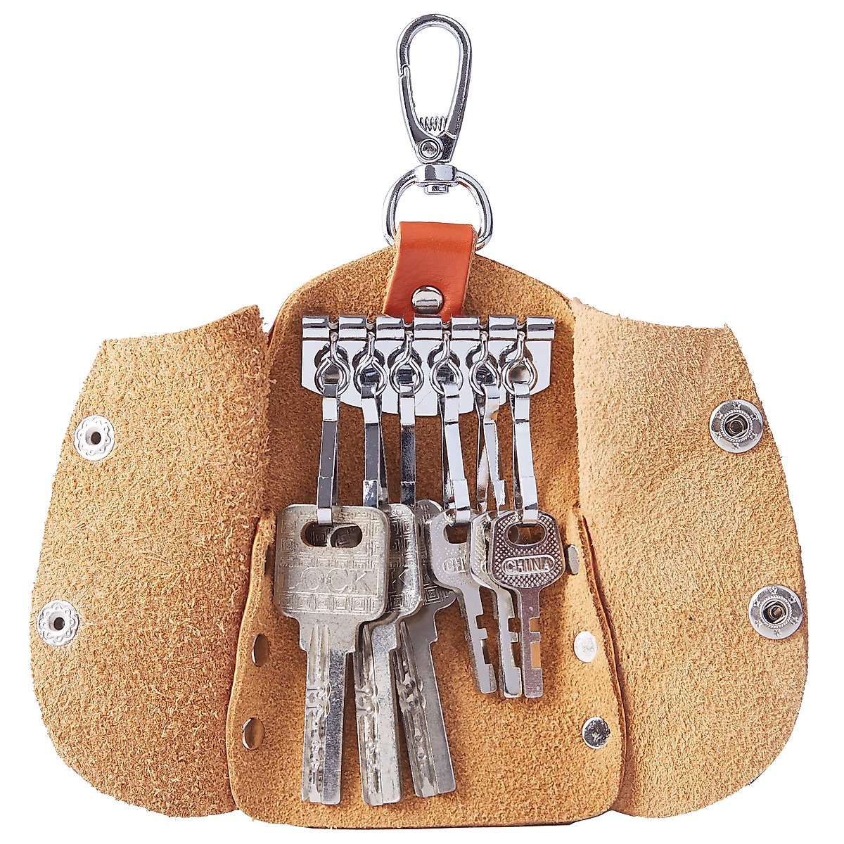 Car Genuine Leather Key Chain Car Smart Keychain Holder Metal Hook Key Pouch-Orange